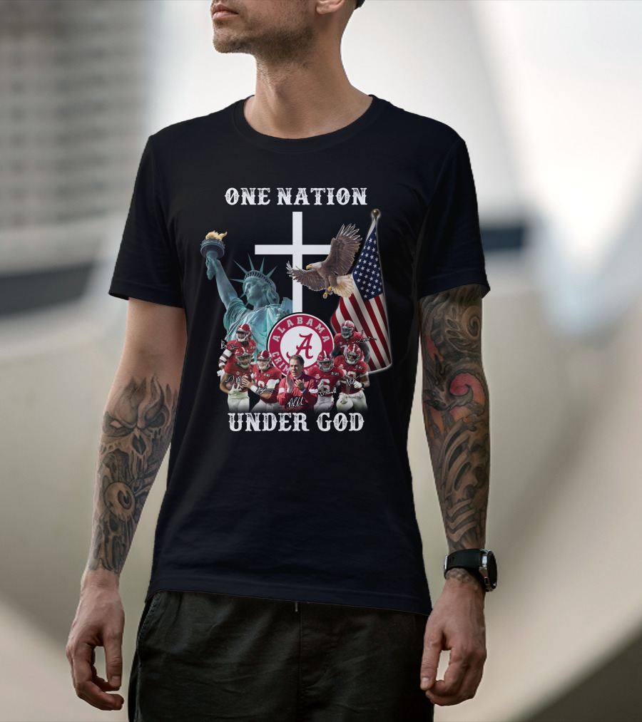 One Nation Under God Alabama Crimson Tide Football Statue Of Liberty American Flag Eagle T-Shirt