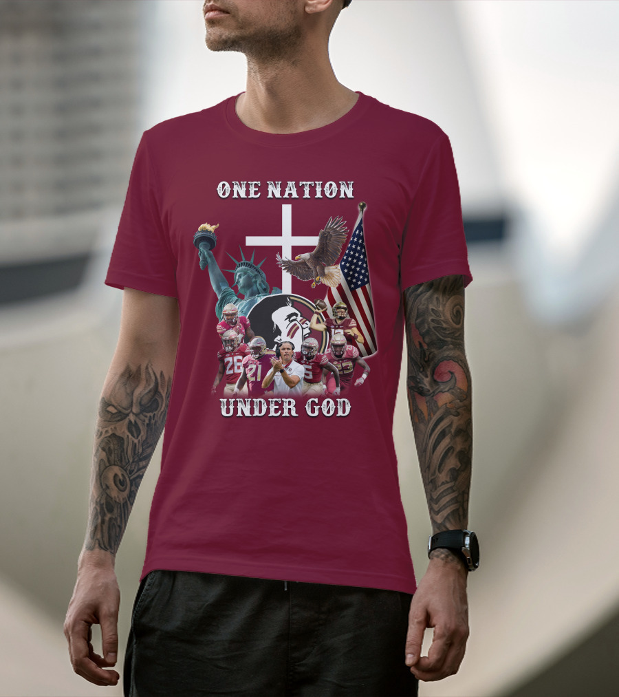 One Nation Under God Florida State Seminoles Football Statue Of Liberty Eagle Flag T-Shirt