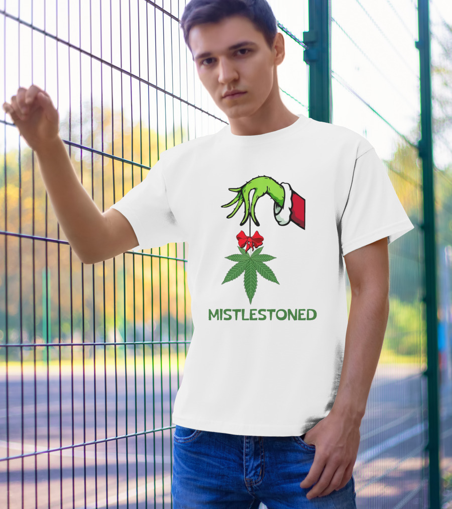 Mistlestoned Grinch Hand Holding Marijuana Leaf Christmas T-Shirt