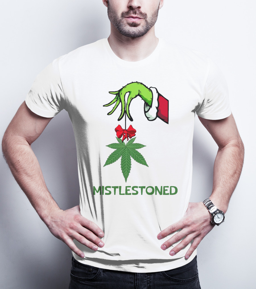 Mistlestoned Grinch Hand Holding Marijuana Leaf Christmas T-Shirt