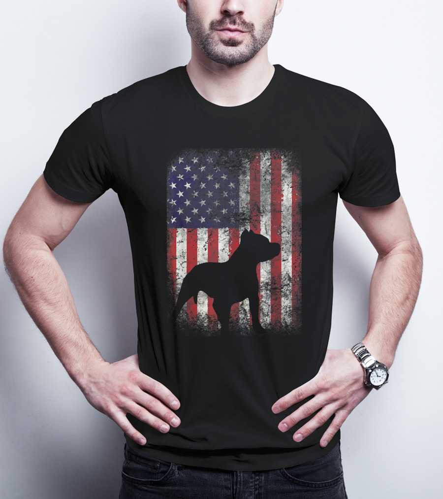 Pitbull Silhouette Against American Flag USA Patriotic T-Shirt