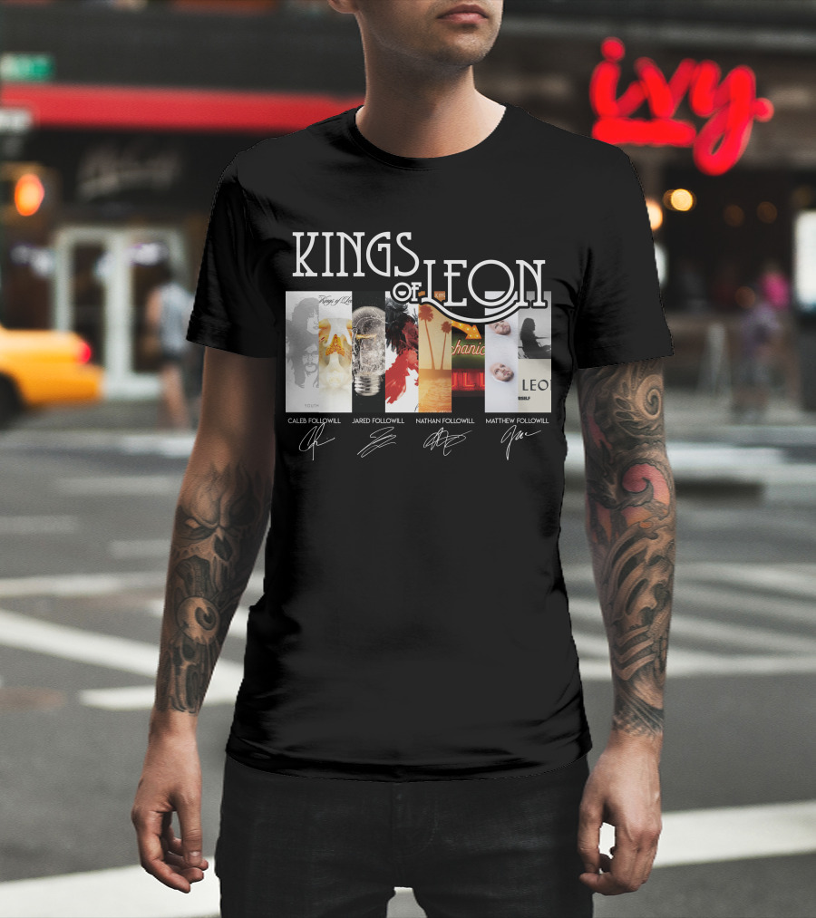 Kings Of Leon Youth And Young Manhood Album Covers With Caleb Jared Nathan Matthew Followill Signatures T-Shirt