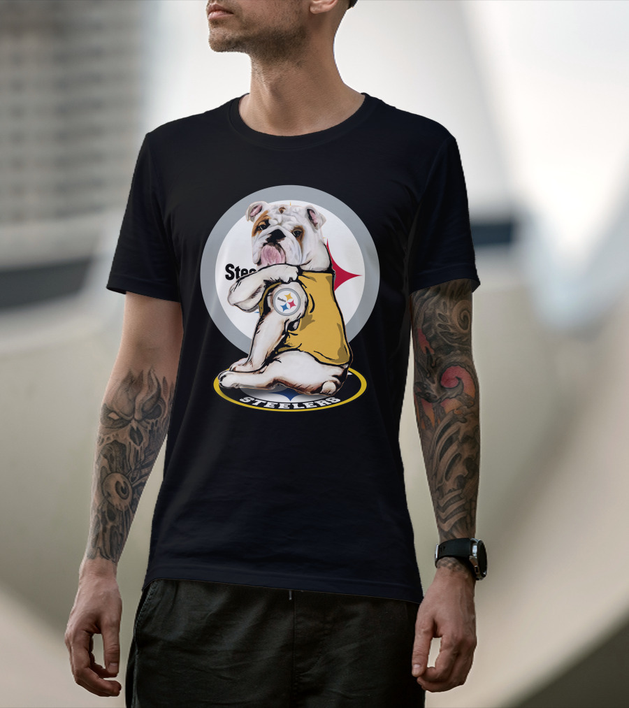 Steelers Bulldog Fan With Logo Tail Background T-Shirt