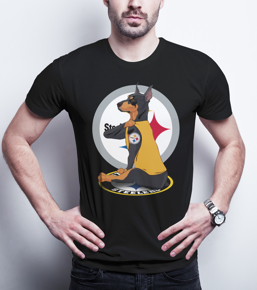 Steelers Dobermann Sitting On Steelers T-Shirt