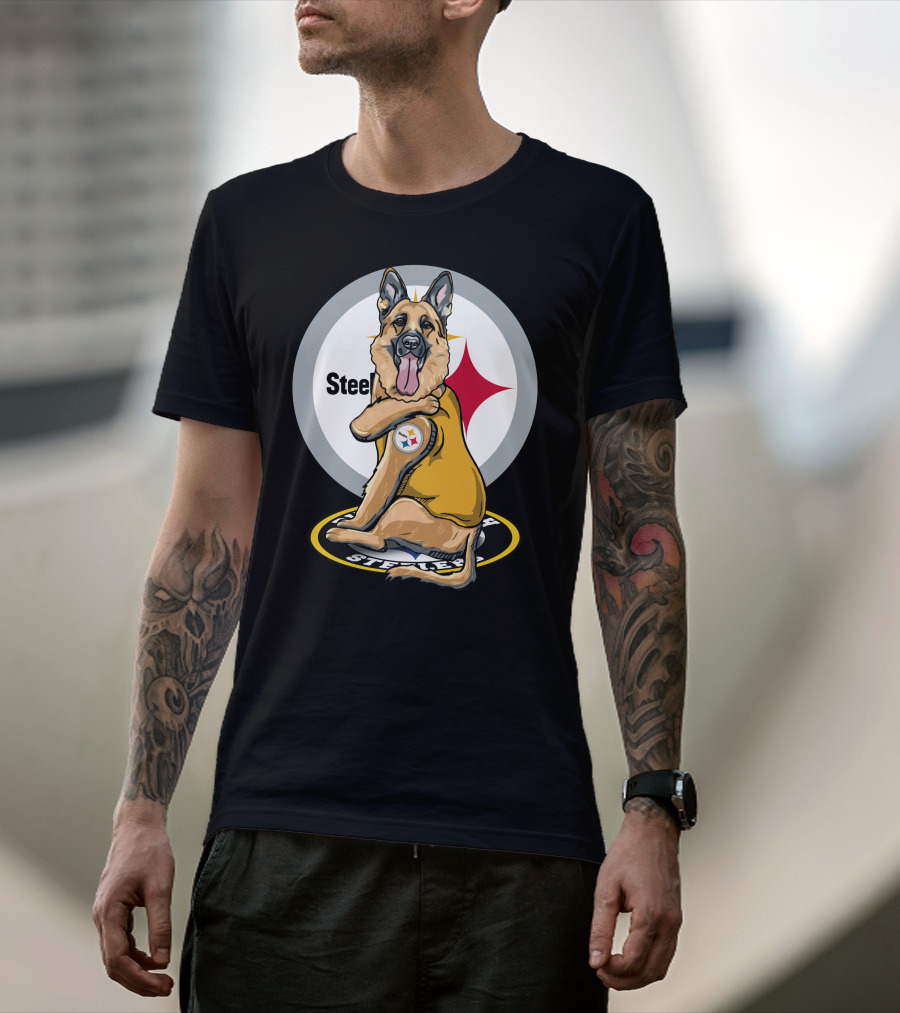 Steelers German Shepherd With NFL Logo And Team Colors T-Shirt