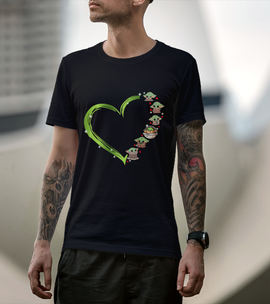 Baby Yoda Love Heart Shape Grogu Mandalorian Cute Green Jedi T-Shirt