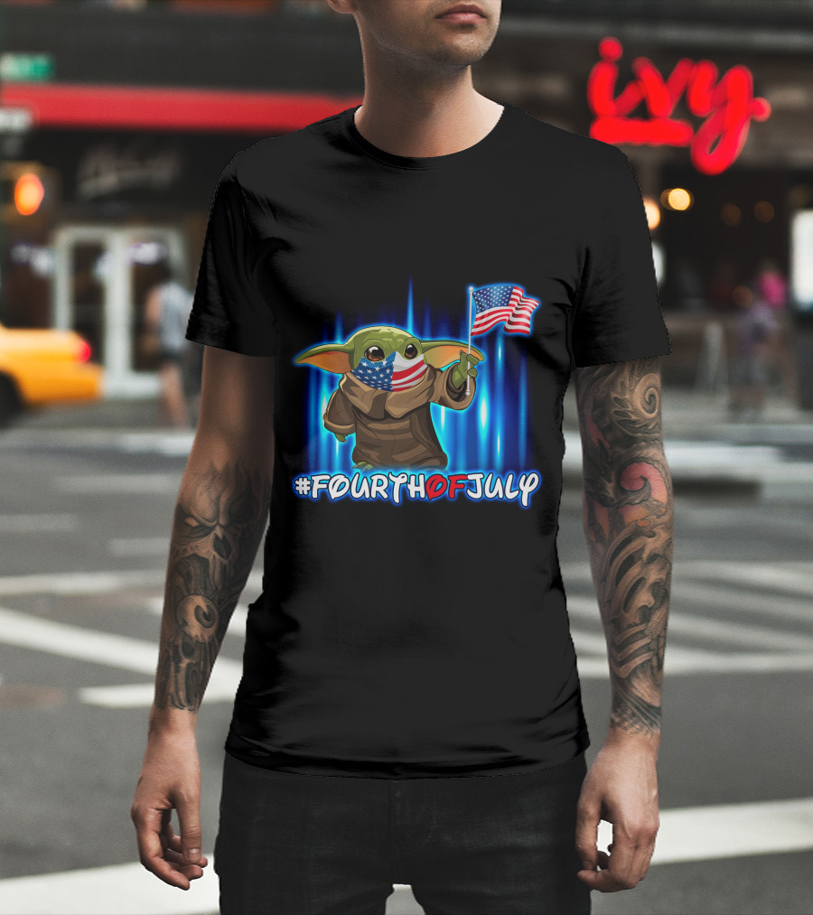 FOURTHOFJULY Baby Yoda With American Flag T-Shirt