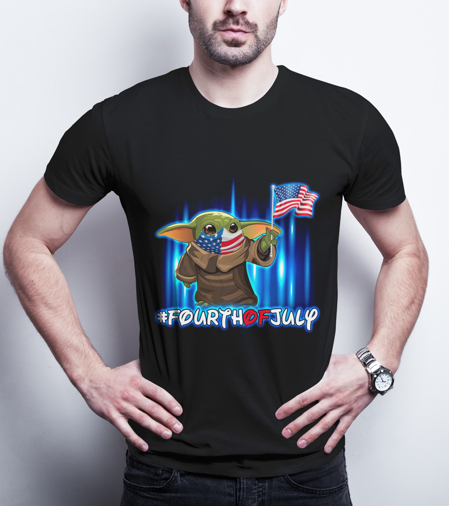 FOURTHOFJULY Baby Yoda With American Flag T-Shirt