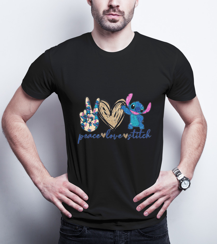 Peace Love Stitch Glittery Heart And Peace Sign T-Shirt