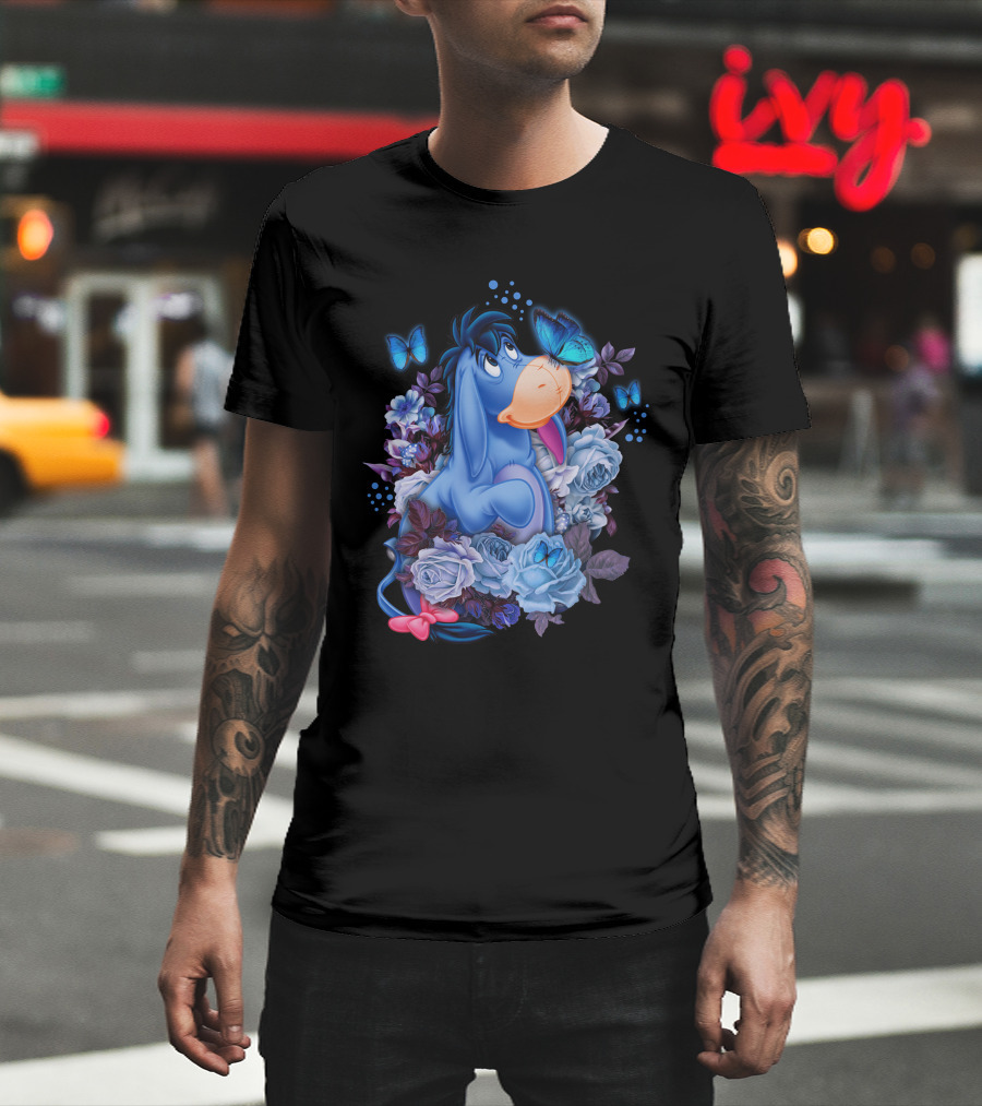 Eeyore Surrounded By Blue Flowers And Butterflies T-Shirt