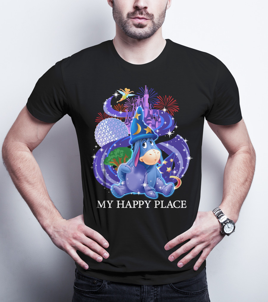Eeyore My Happy Place Disney Castle Fireworks Spaceship Earth Tinker Bell T-Shirt