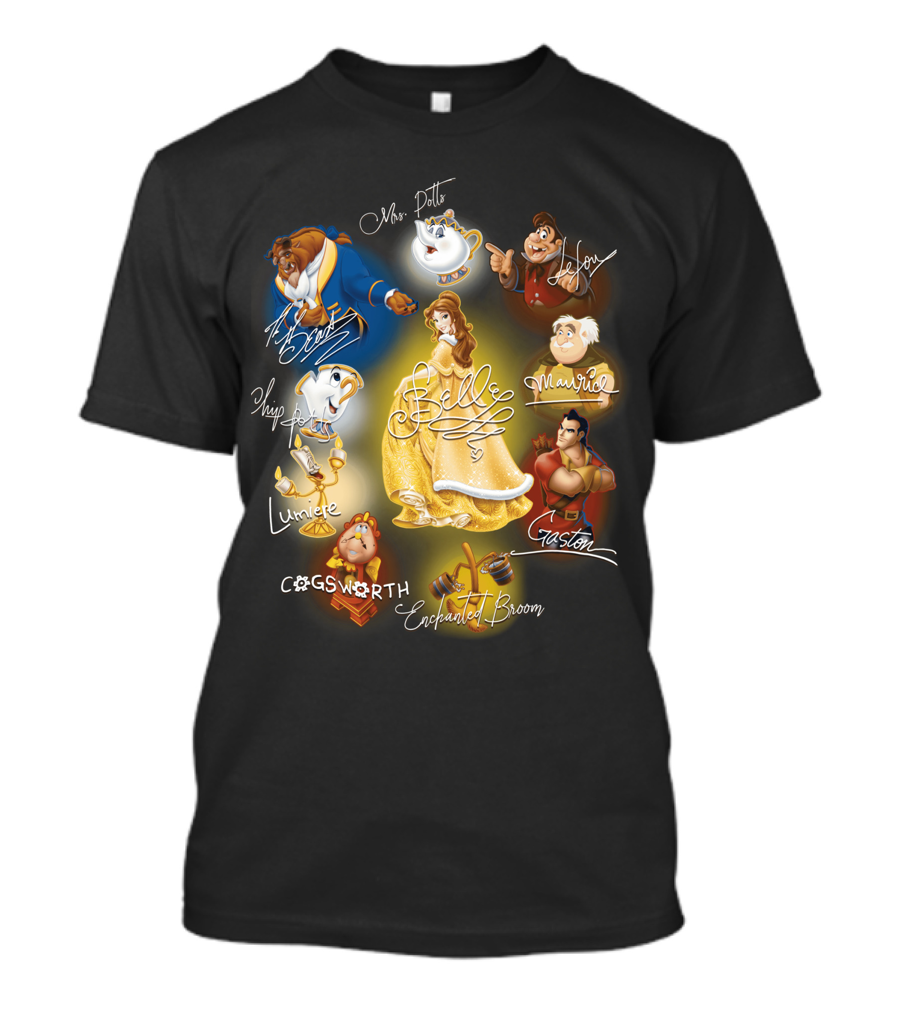 Belle Beast Mrs. Potts Chip Lumiere Cogsworth Enchanted Broom Gaston Maurice Lefou T-Shirt
