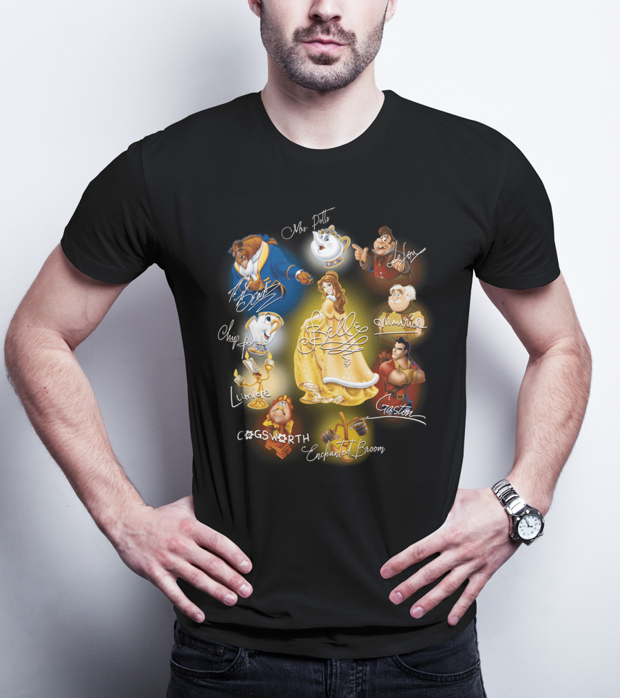Belle Beast Mrs. Potts Chip Lumiere Cogsworth Enchanted Broom Gaston Maurice Lefou T-Shirt