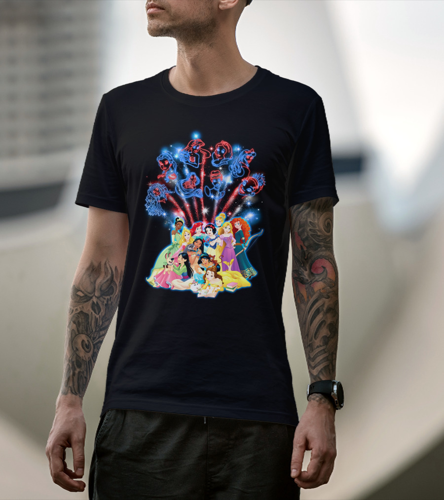 Disney Princess Characters And Fireworks T-Shirt