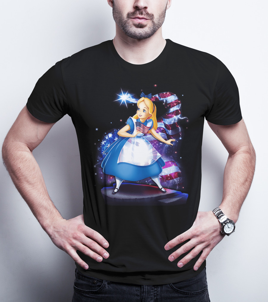 Alice Holding American Flag In Wonderland With Stars And Stripes Background T-Shirt