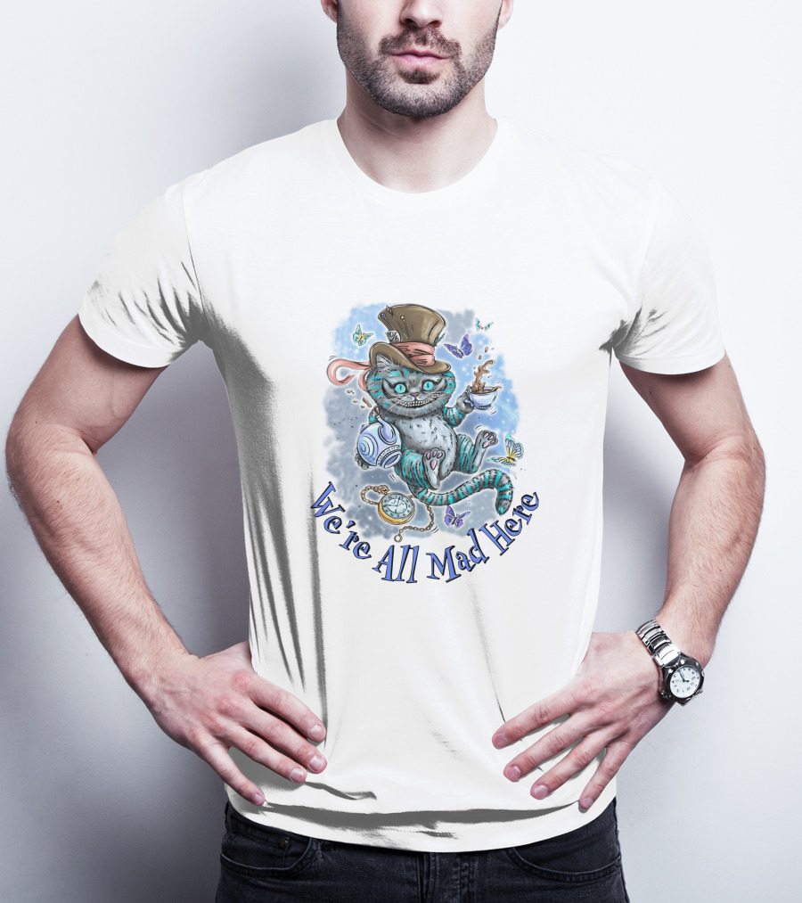 Cheshire Cat We're All Mad Here Mad Hatter Tea Party Butterflies Pocket Watch T-Shirt