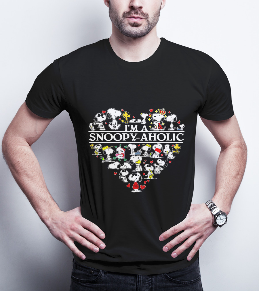 I'm A Snoopy-Aholic Peanuts Heart Collage Of Snoopy And Woodstock With Love Hearts T-Shirt