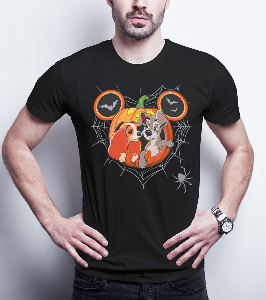 Lady And The Tramp Halloween Pumpkin With Spider Web And Bats T-Shirt
