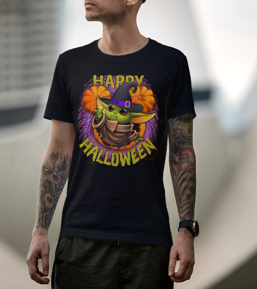 Happy Halloween Baby Yoda Magic Pumpkin Wizard Hat T-Shirt