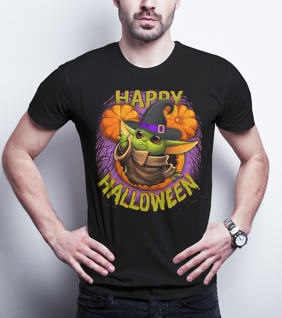 Happy Halloween Baby Yoda Magic Pumpkin Wizard Hat T-Shirt