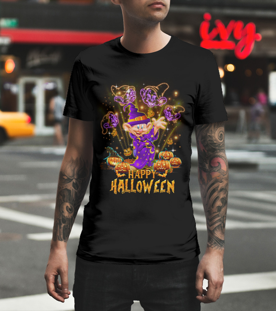 Happy Halloween Dopey In Wizard Hat With Fireworks And Pumpkins T-Shirt