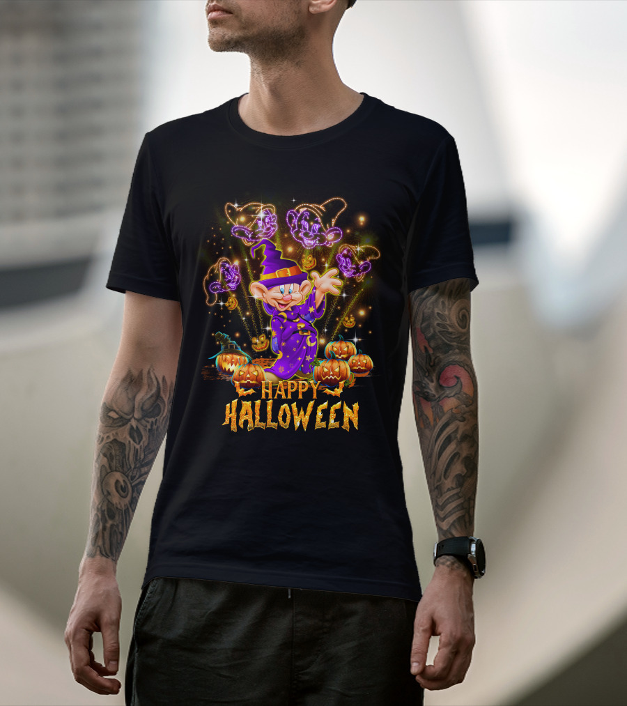 Happy Halloween Dopey In Wizard Hat With Fireworks And Pumpkins T-Shirt