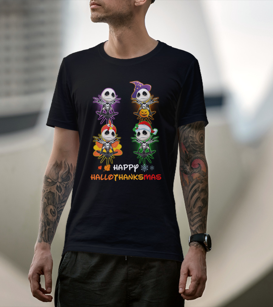 Happy Hallothankmas Jack Skellington Pumpkin Hat Turkey Leaf Snowflake T-Shirt