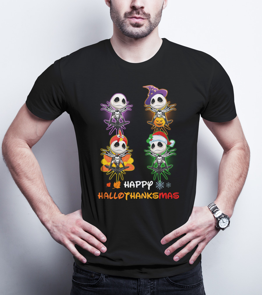 Happy Hallothankmas Jack Skellington Pumpkin Hat Turkey Leaf Snowflake T-Shirt