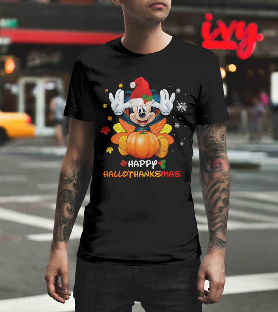 Happy Mickey Hallothankmas Pumpkin Snowflakes Leaves Santa Hat T-Shirt