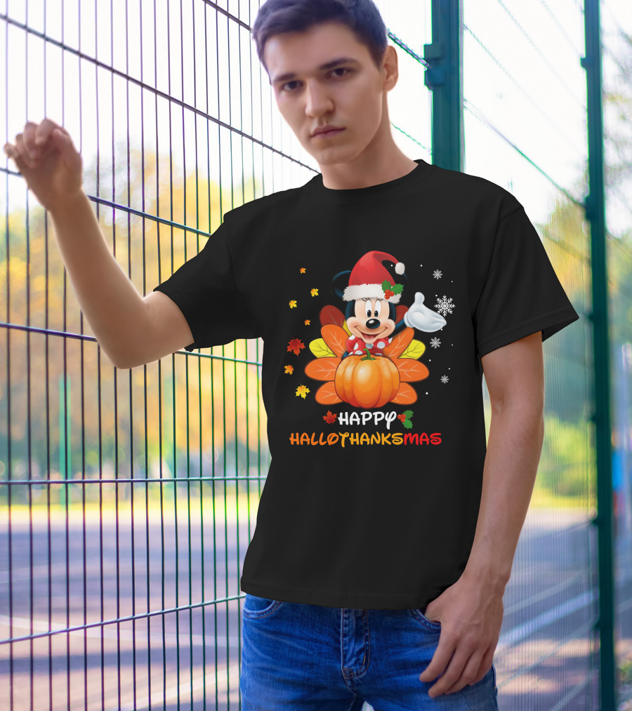 Happy Hallothankmas Minnie With Pumpkin And Santa Hat T-Shirt