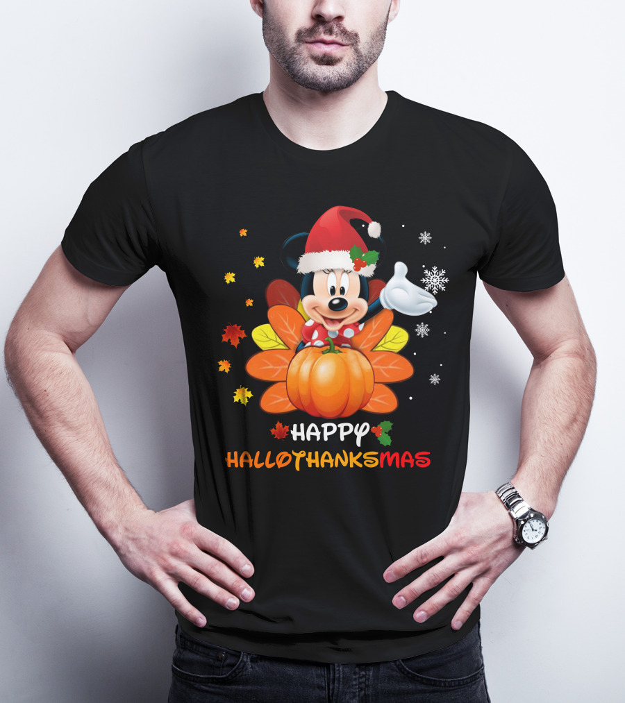 Happy Hallothankmas Minnie With Pumpkin And Santa Hat T-Shirt
