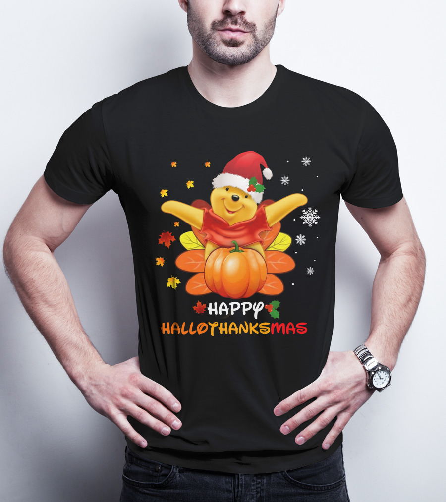 Happy Hallothankmas Pooh Pumpkin Santa Hat T-Shirt