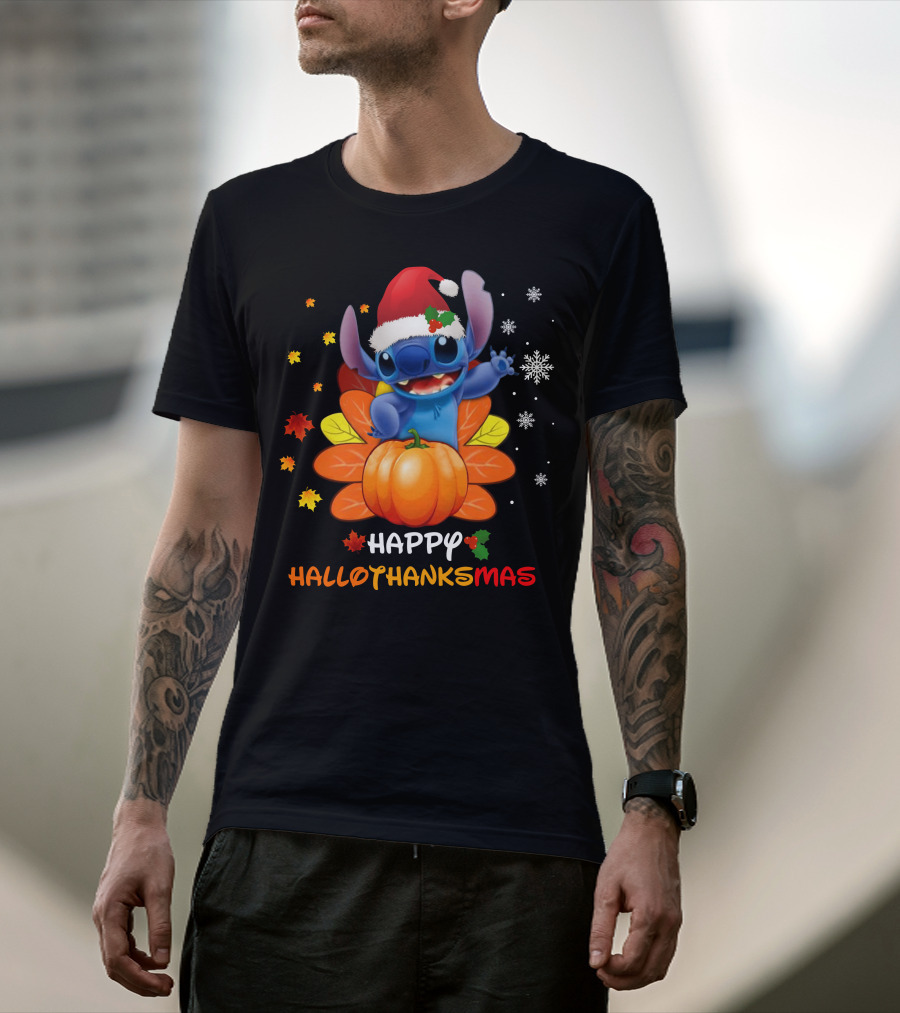 Happy Hallothankmas Stitch With Santa Hat Pumpkin Leaves Snowflakes T-Shirt