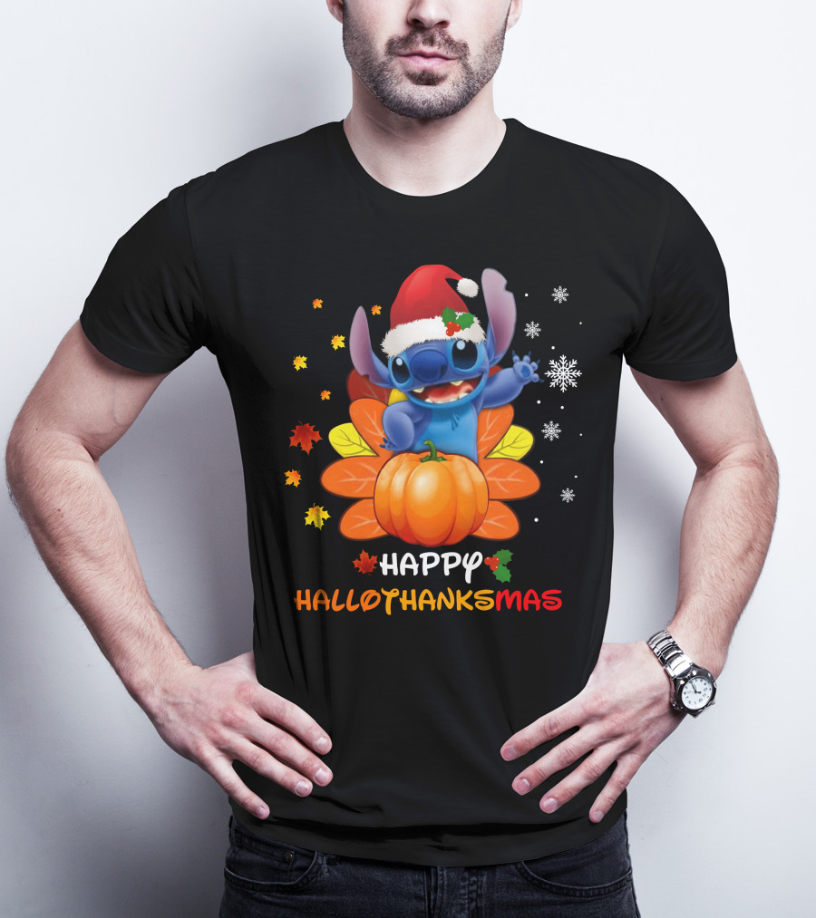 Happy Hallothankmas Stitch With Santa Hat Pumpkin Leaves Snowflakes T-Shirt