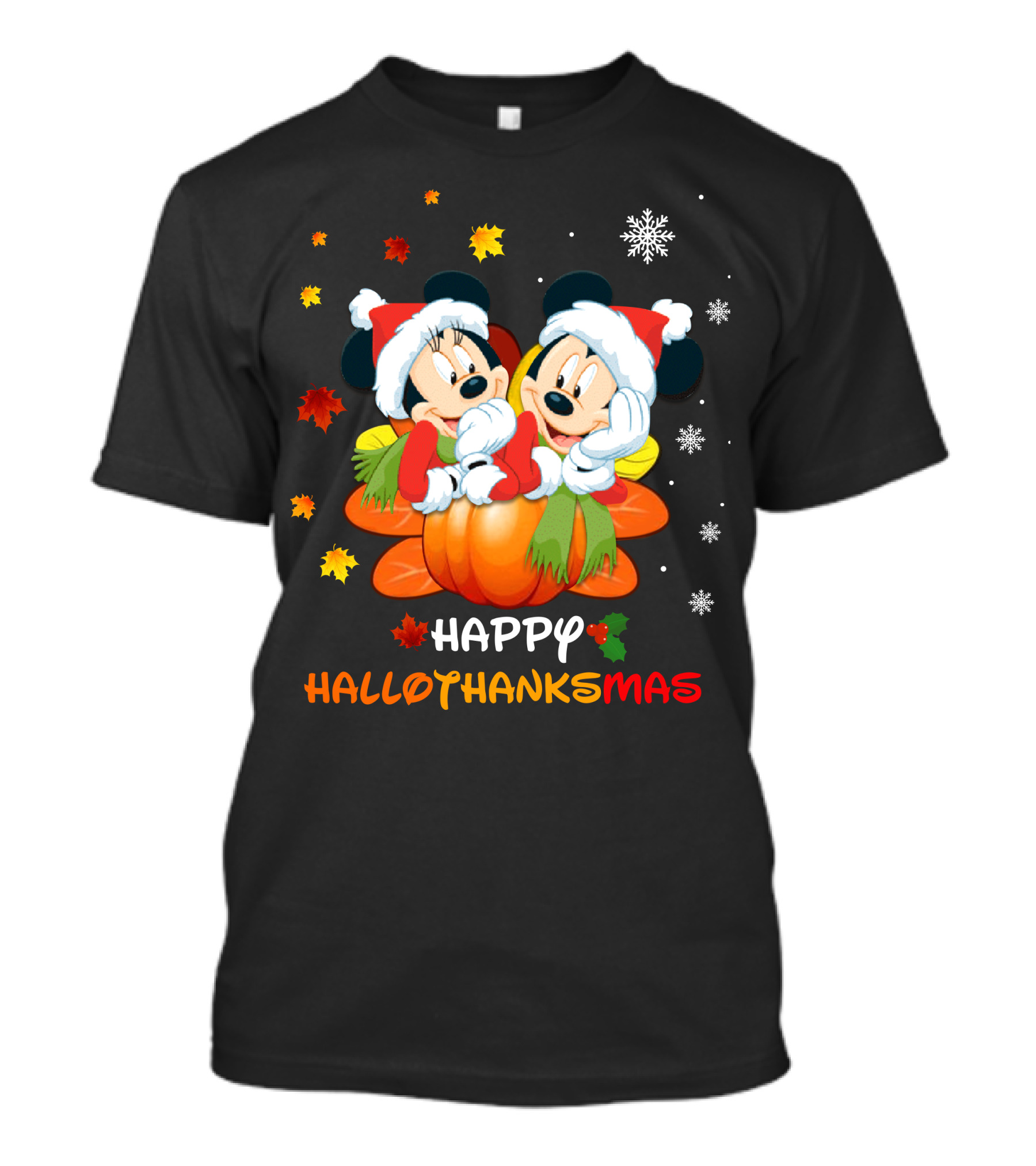 Happy Mickey And Minnie Hallothankmas Snowflakes Pumpkins Leaves T-Shirt