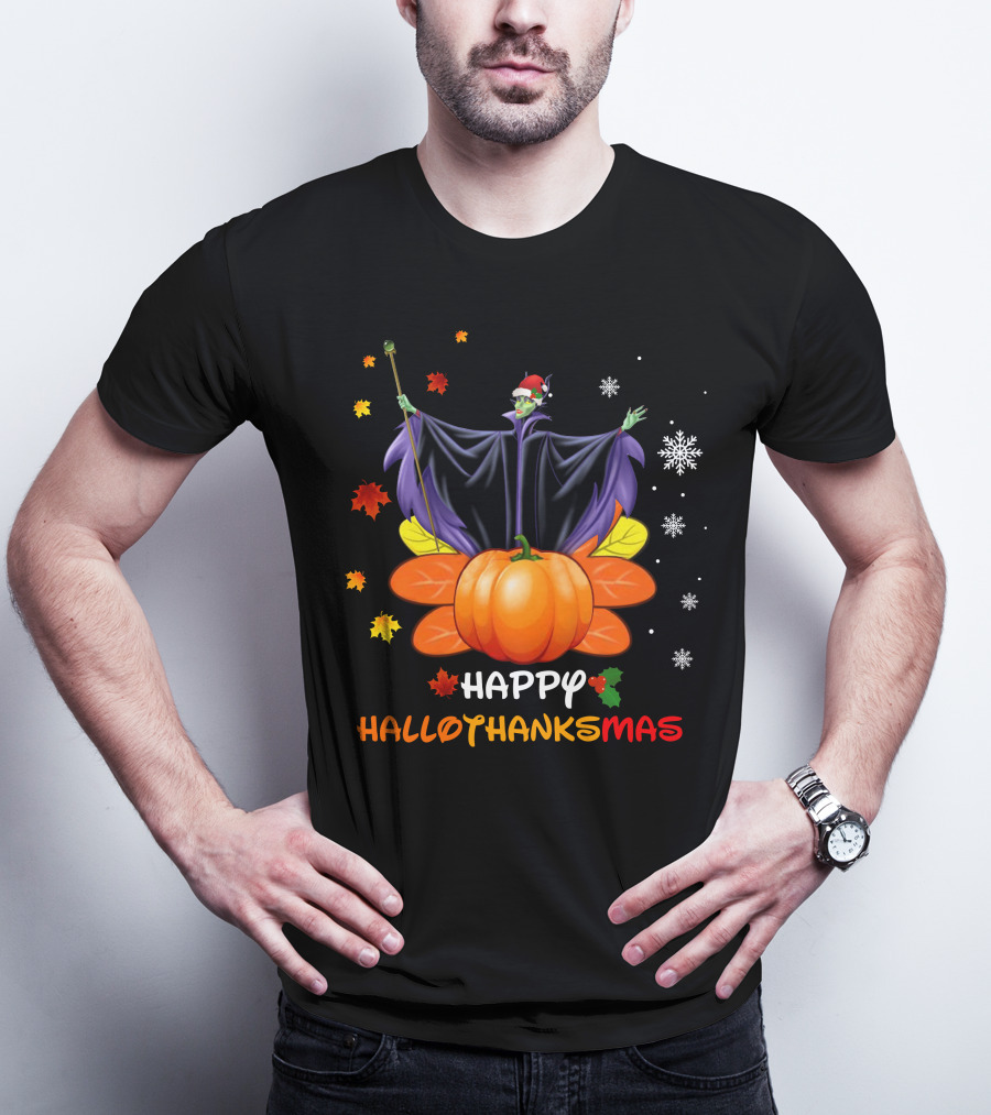 Happy Hallothankmas Maleficent Pumpkin Snowflakes Leaves Santa Hat T-Shirt
