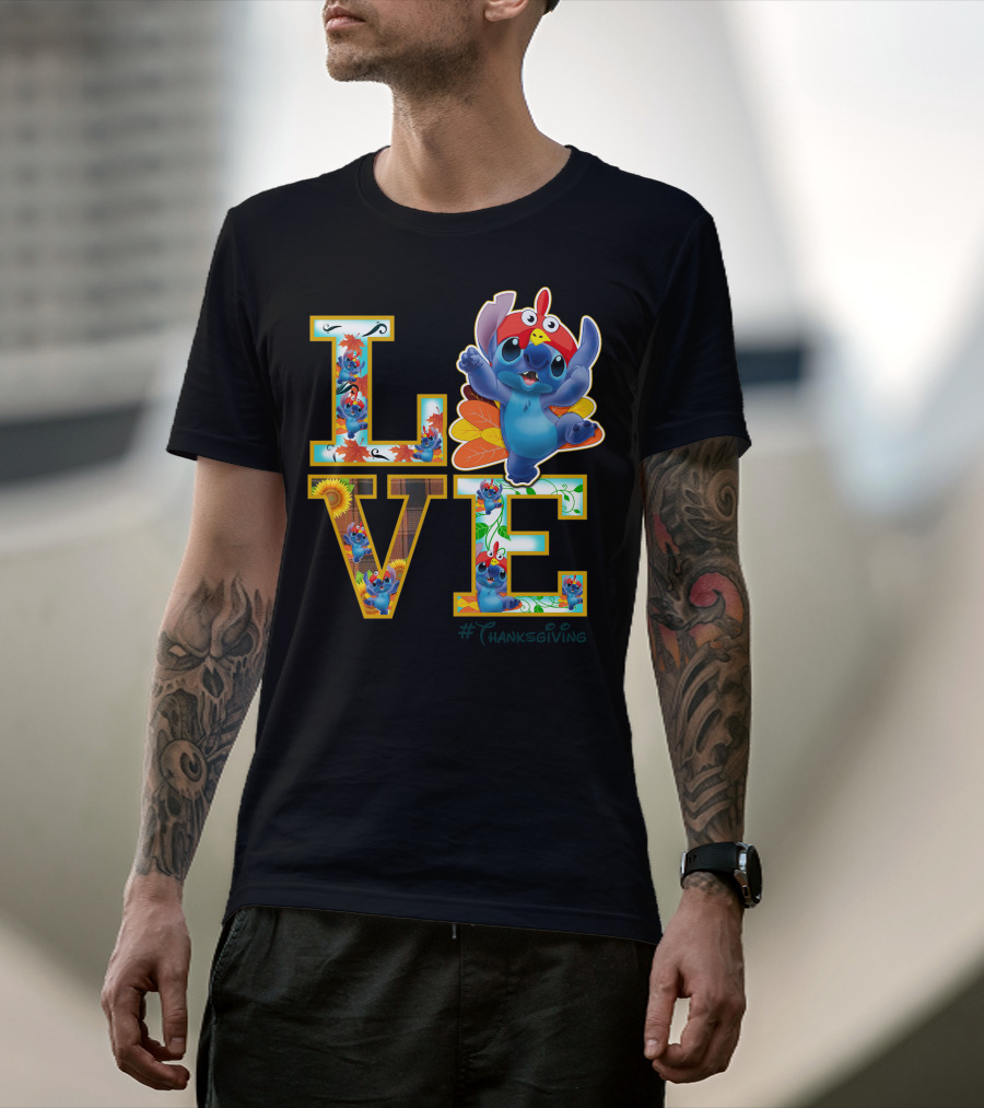 LOVE Stitch Happy Thanksgiving Turkey Costume Autumn Leaves T-Shirt