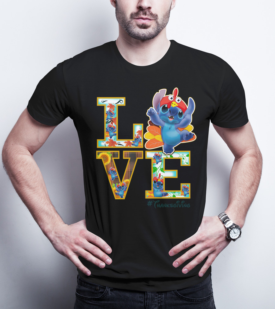 LOVE Stitch Happy Thanksgiving Turkey Costume Autumn Leaves T-Shirt