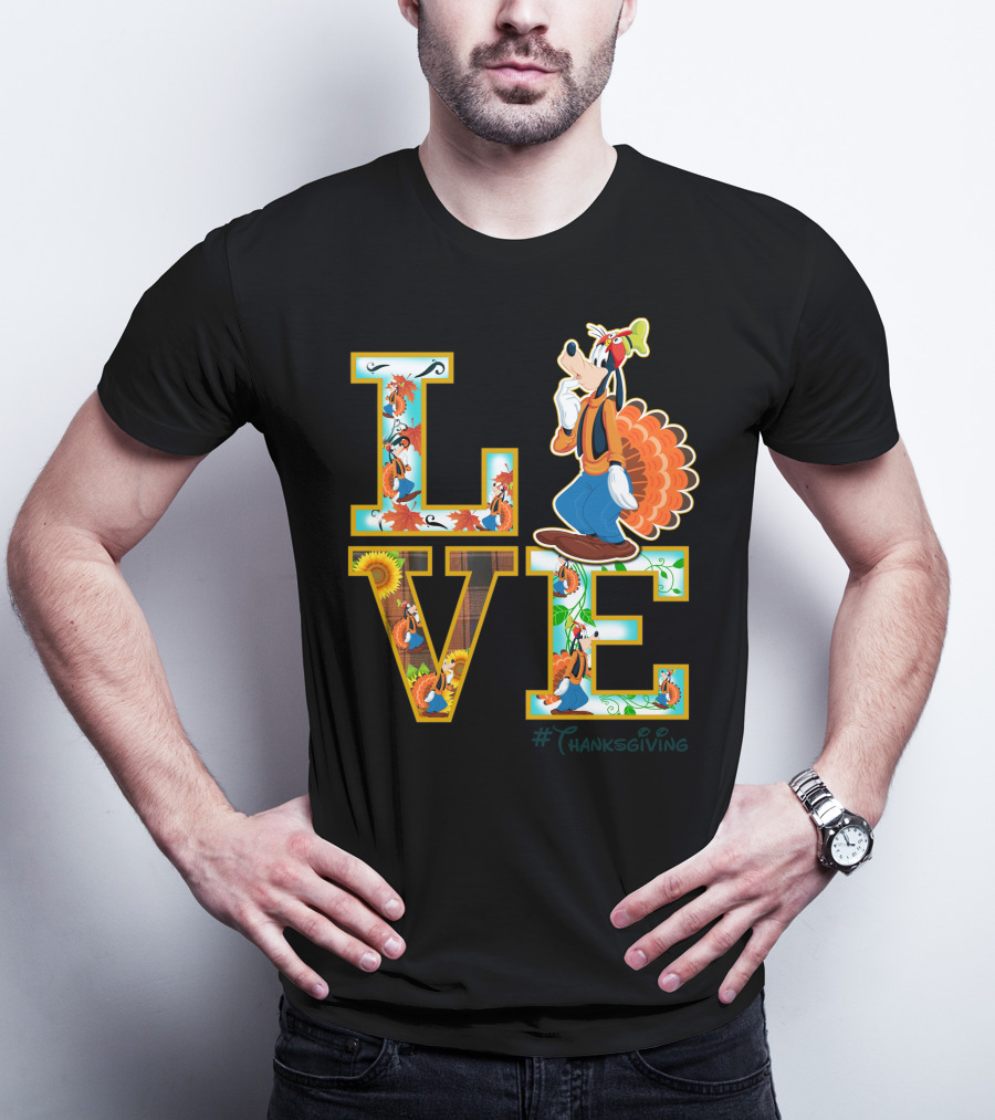 LOVE Goofy Thanksgiving Turkey Leaves Sunflower T-Shirt