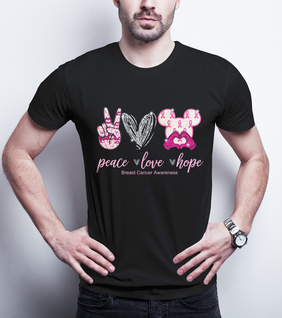 Peace Love Hope Breast Cancer Awareness Pink Ribbon Mickey T-Shirt