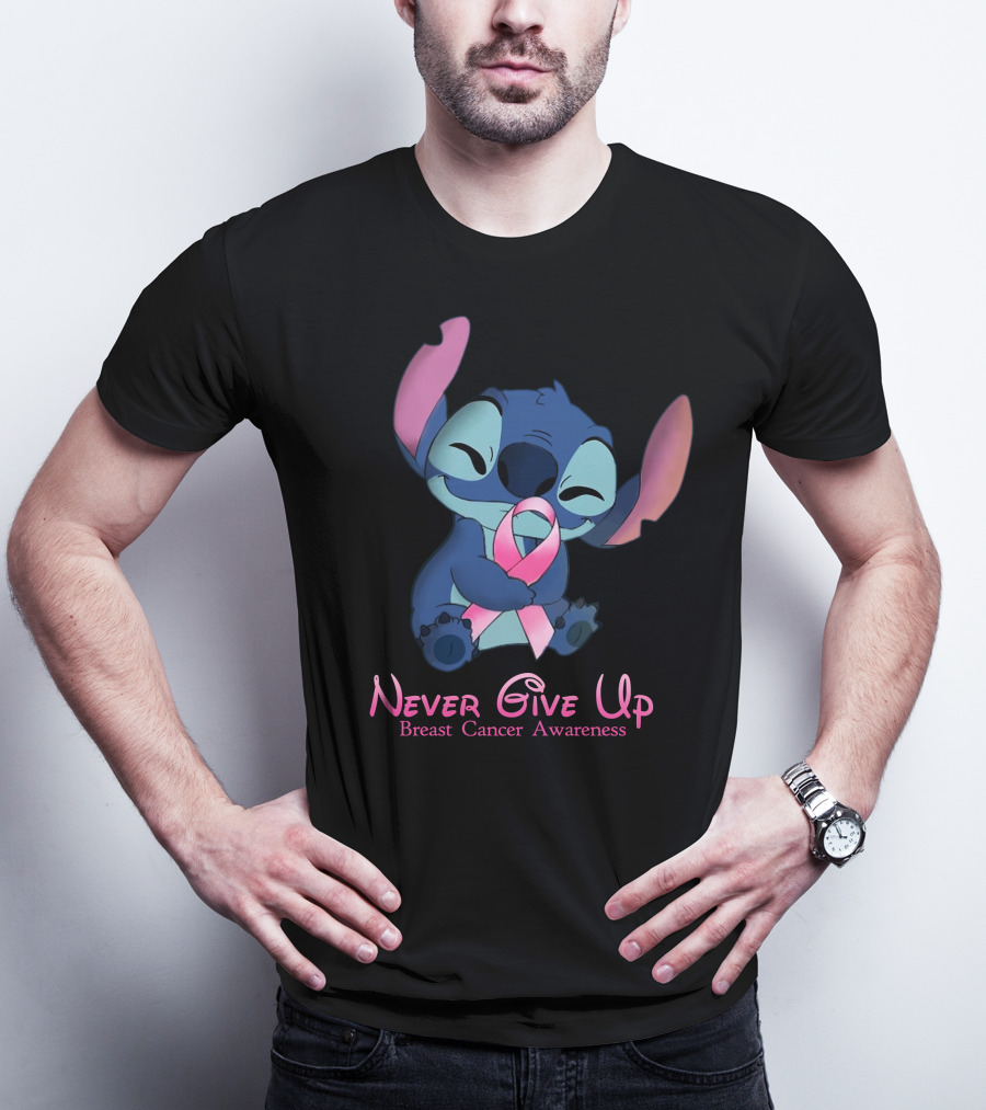 Never Give Up Breast Cancer Awareness Stitch Embrace T-Shirt