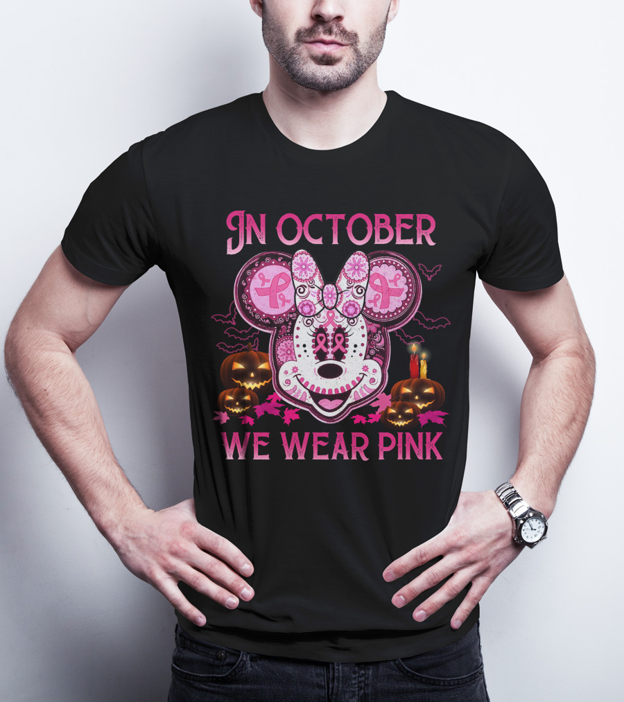 In October We Wear Pink Minnie Mouse Breast Cancer Awareness Halloween T-Shirt