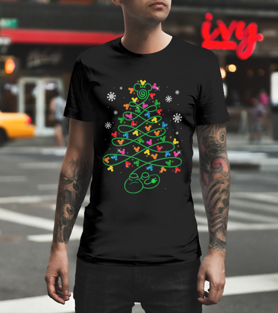 Mickey Mouse Christmas Tree With LED Lights And Snowflakes T-Shirt