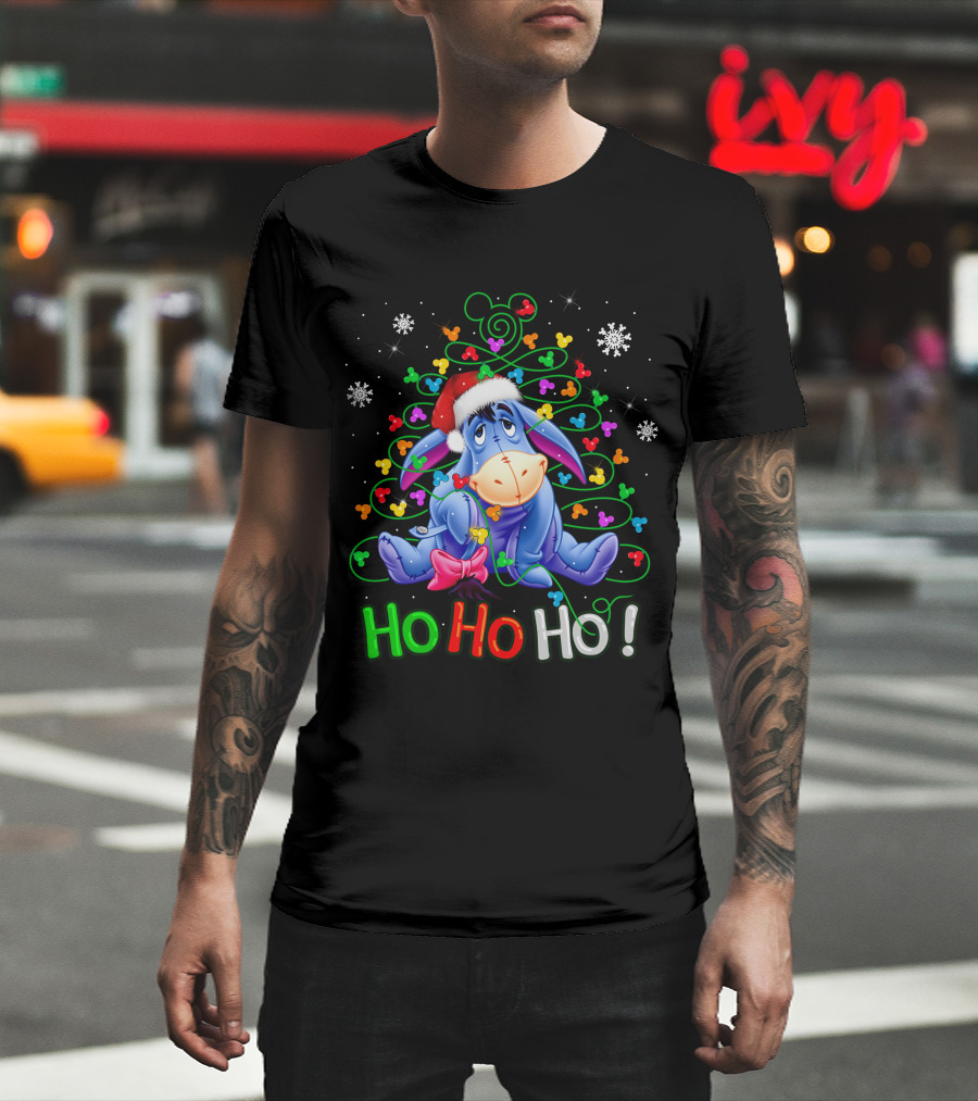 Eeyore Ho Ho Ho Christmas Tree Santa Hat Snowflakes Holiday Disney T-Shirt