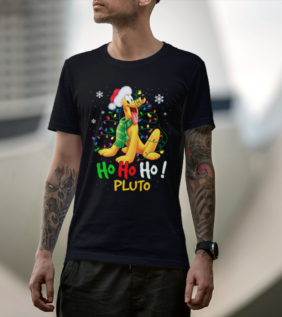 Pluto Ho Ho Ho Christmas Lights Santa Hat T-Shirt