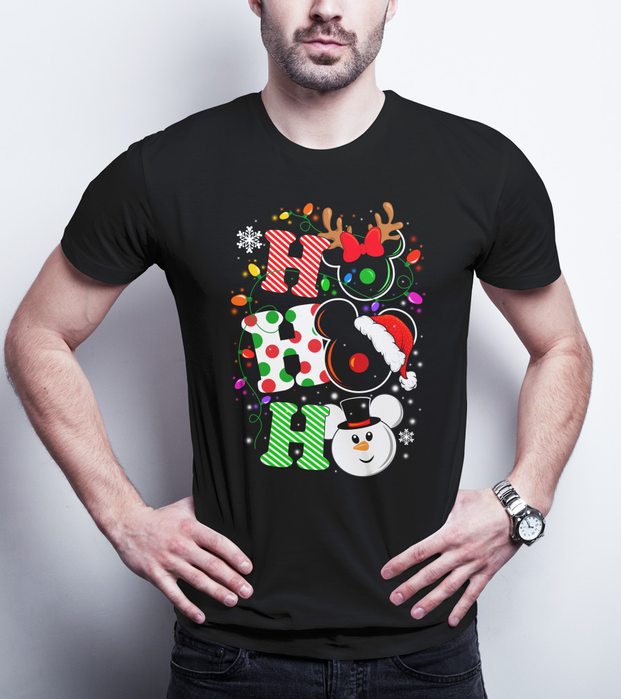 Disney Hohoho Christmas Mickey Mouse Holiday Lights Santa Hat Snowman Antlers T-Shirt