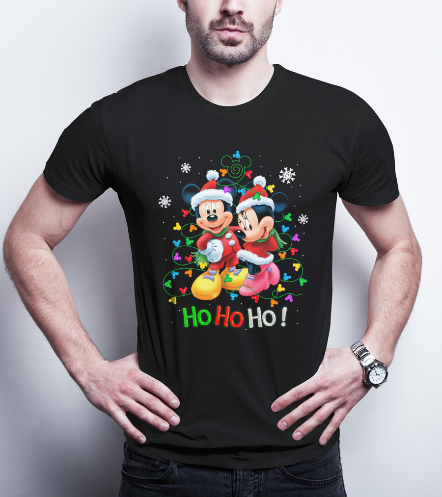 Mickey And Minnie Hohoho Christmas Santa Hats Snowflakes Holiday Tree Lights T-Shirt