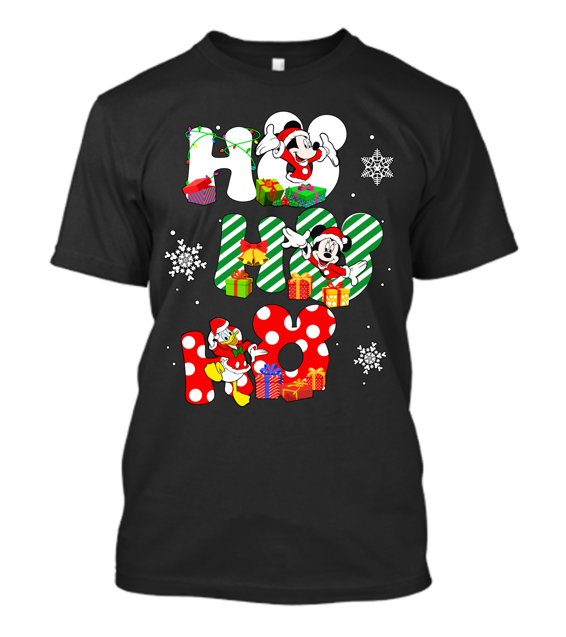 Mickey Mouse And Donald Duck Ho Ho Ho Christmas Snowflakes And Presents T-Shirt