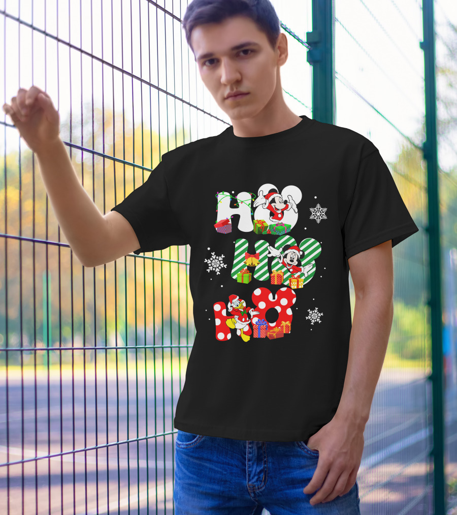 Mickey Mouse And Donald Duck Ho Ho Ho Christmas Snowflakes And Presents T-Shirt