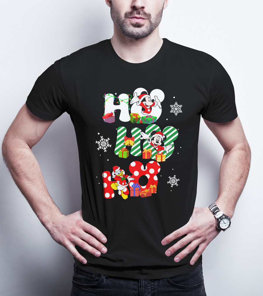 Mickey Mouse And Donald Duck Ho Ho Ho Christmas Snowflakes And Presents T-Shirt